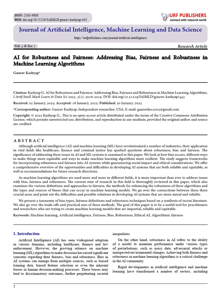 Ai For Robustness and Fairness Addressing Bias Fairness and Robustness in Machine Learning ...