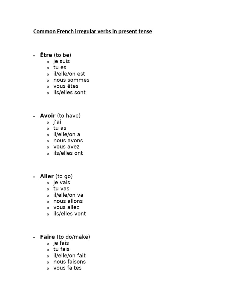 Common French Irregular Verbs in Present Tense | PDF