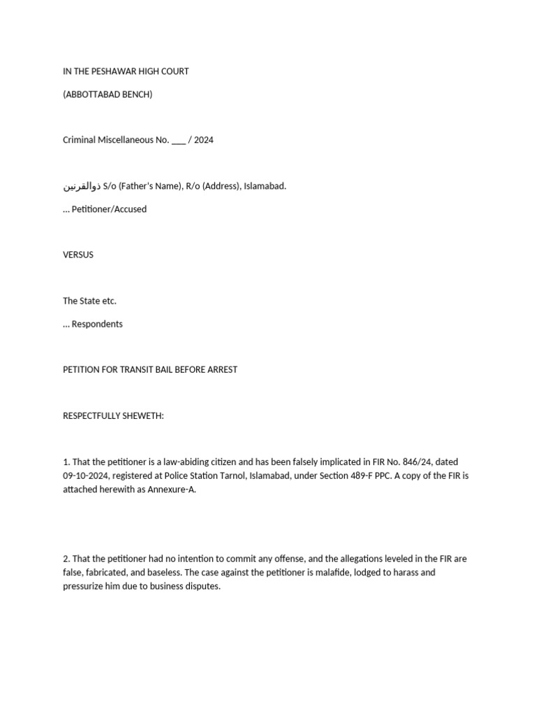 Ad Interim Transit Bail Petition | PDF