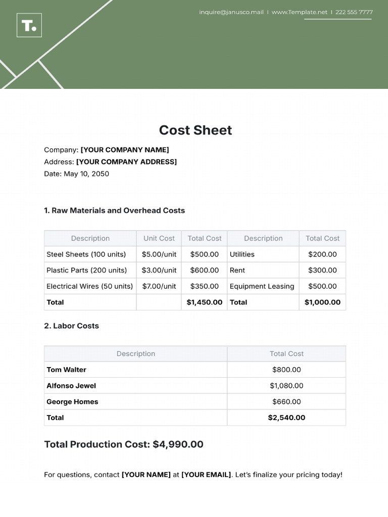 Cost Sheet Template | PDF