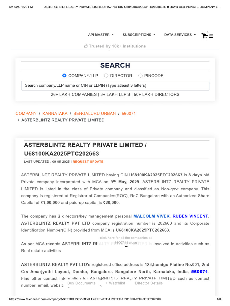 Asterblintz Realty Private Limited Having Cin U68100ka2025ptc202663 Is 8 Days Old Private ...