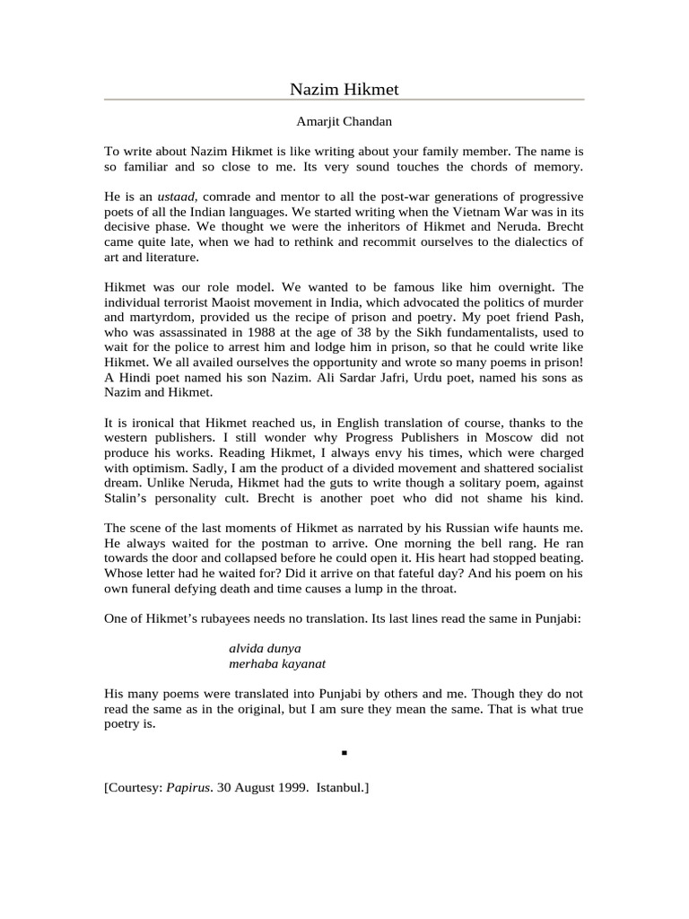 Nazim Hikmet by Amarjit Chandan. 1999 (1) | PDF