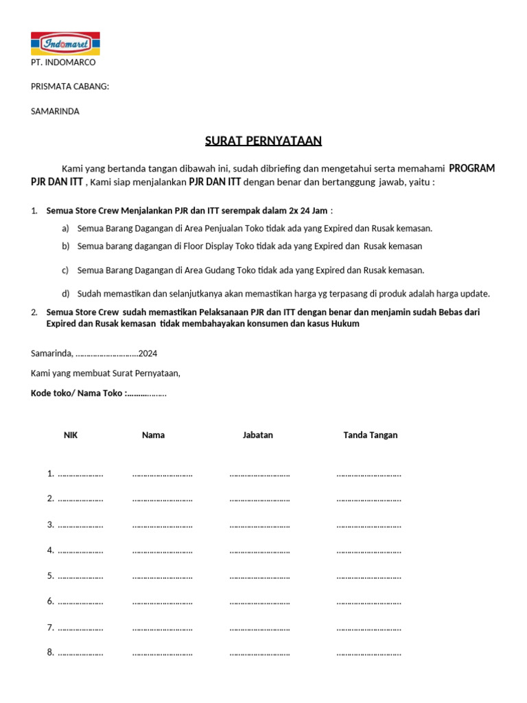 Surat Pernyataan PJR | PDF