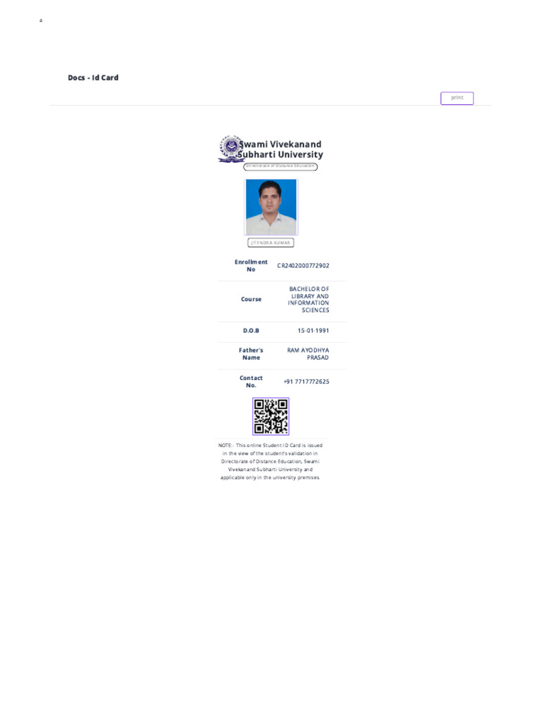 Docs - ID Card - Swami Vivekanand Subharti University | PDF