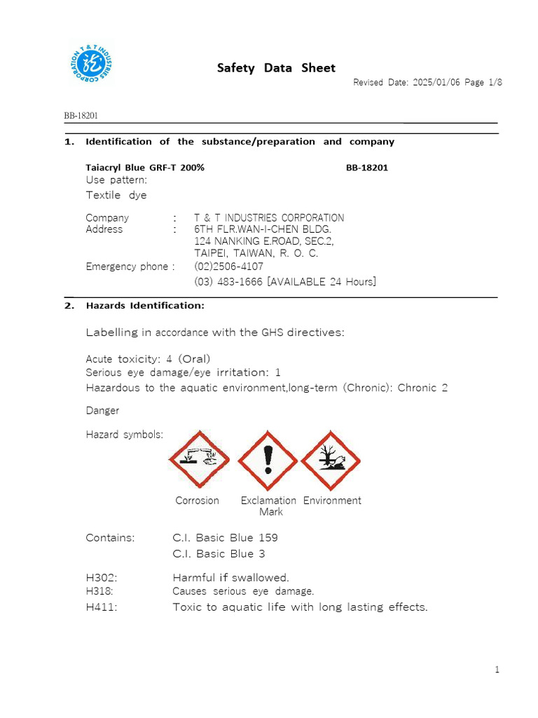 Taiacryl Blue GRF-T 200 - SDS | PDF | Toxicity | Firefighting