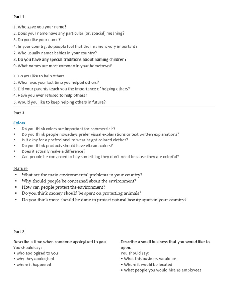 IELTS Speaking Test Sample Questions | PDF