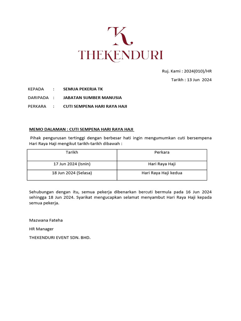 Memo Cuti Raya Haji 2024 | PDF
