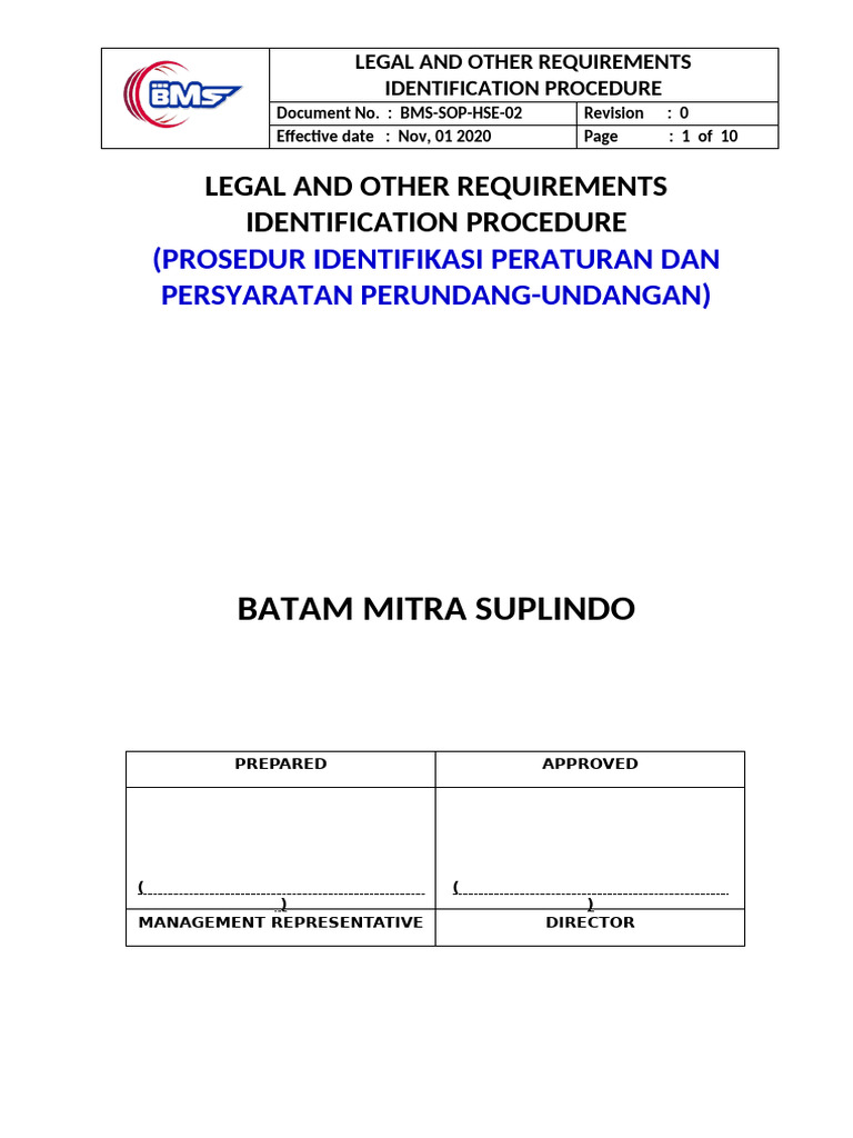 BMS - SOP - HSE - 02 Legal and Other Req Identification Procedure | PDF