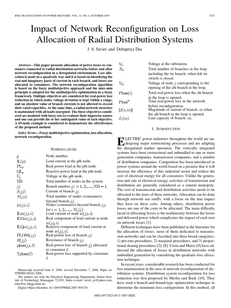 Impact of Network Reconfiguration On Loss Allocation of Radial Distribution Systems | PDF ...