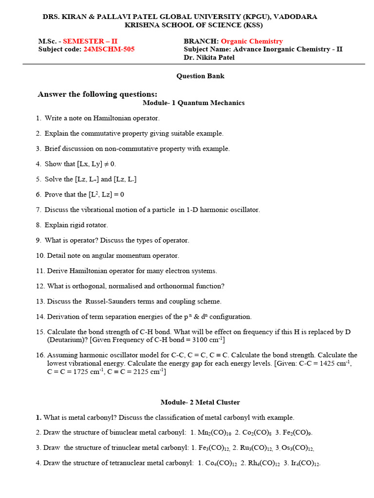 Question Bank - Advance Inorganic Chemistry-II | PDF | Polymers | Hamiltonian (Quantum Mechanics)
