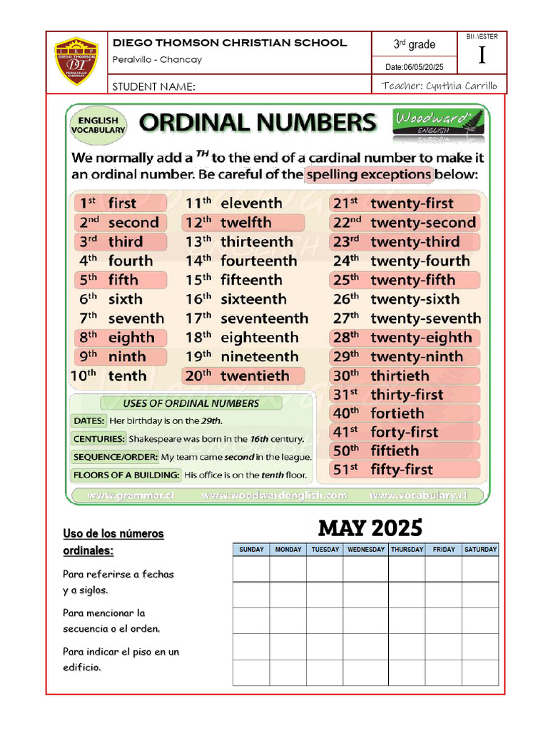 B1 - 3rd - 060525 - Ordinal Numbers | PDF
