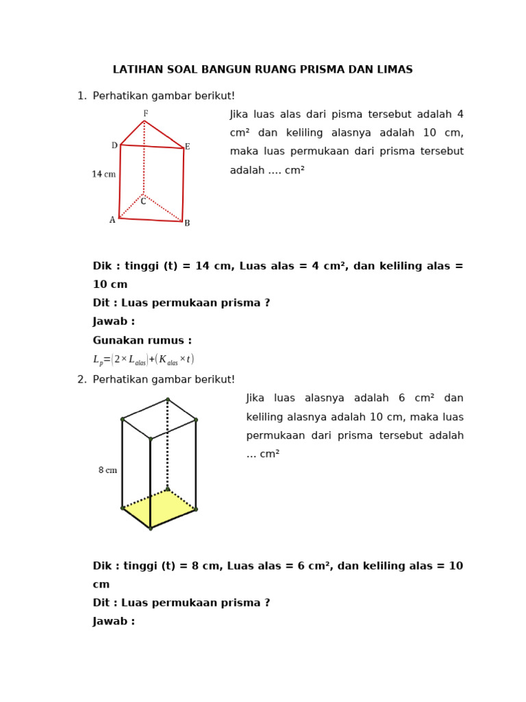 LATIHAN SOAL BANGUN RUANG PRISMA DAN LIMAS | PDF