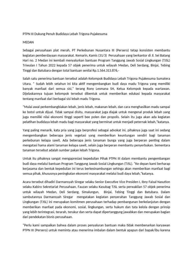 PTPN III Dukung Penuh Budidaya Lebah Trigona Pujakesuma | PDF