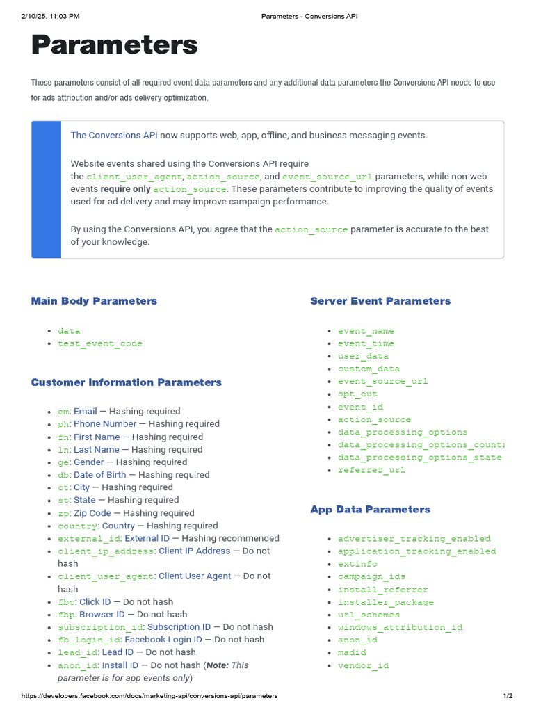 Parameters - Conversions API | PDF | Computing | Cyberspace