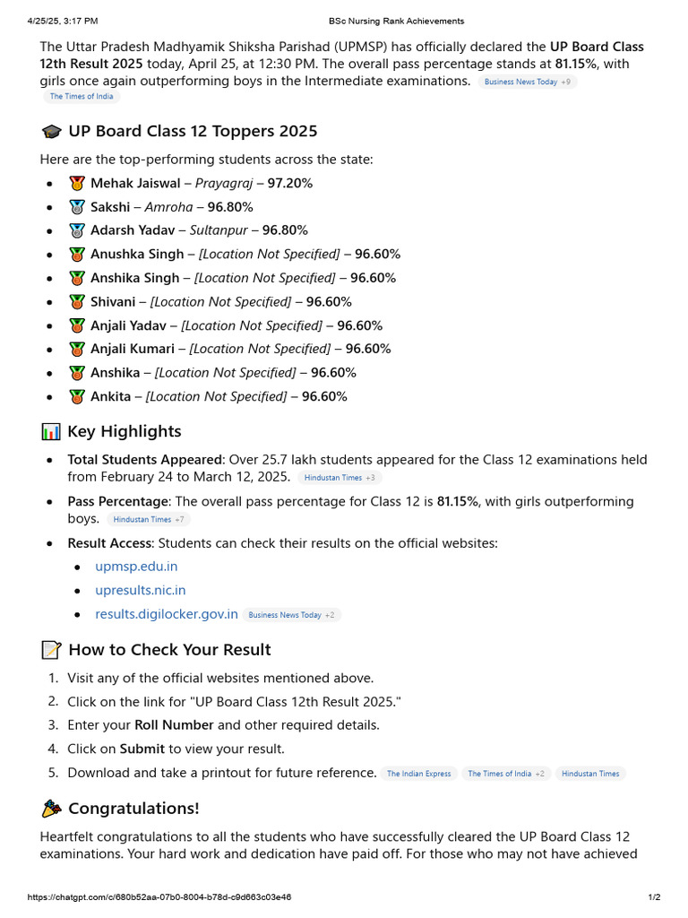 BSC Nursing Rank Achievements | PDF
