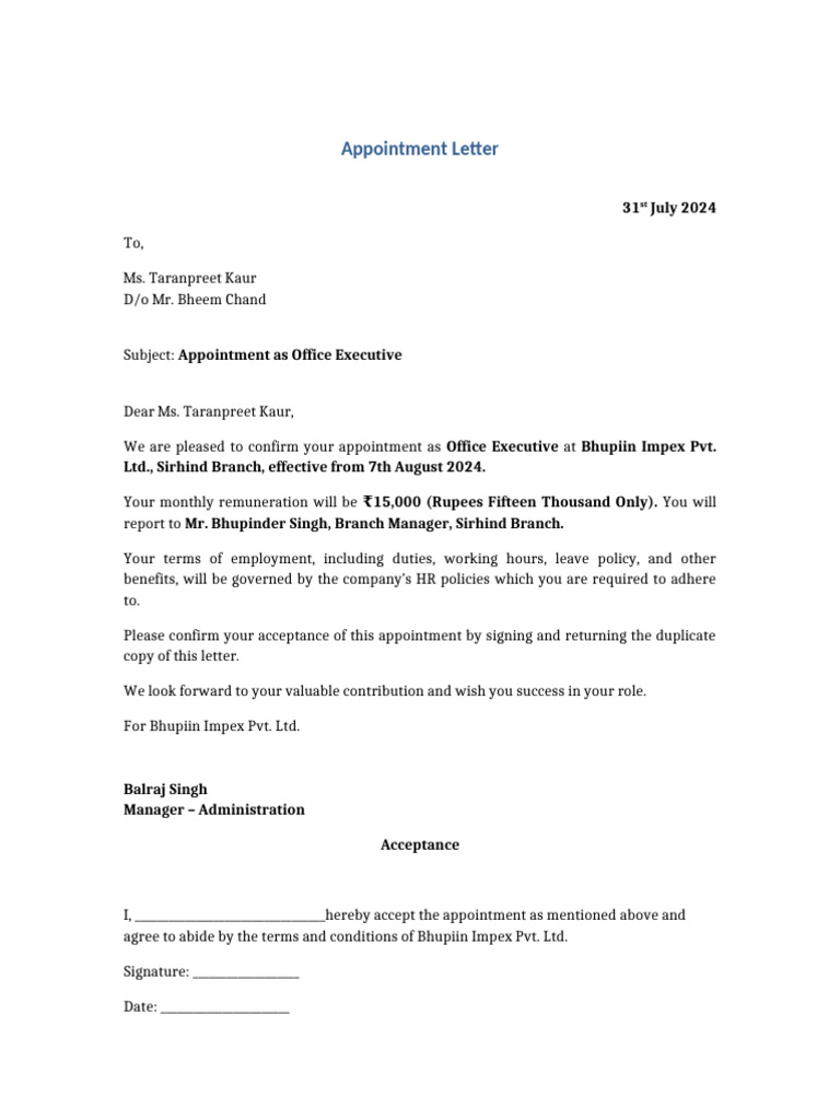 Appointment Letters Bhupiin Impex | PDF