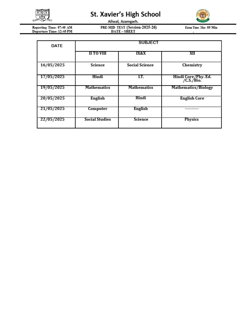 Pre Mid Test Datesheet-2025-26 | PDF