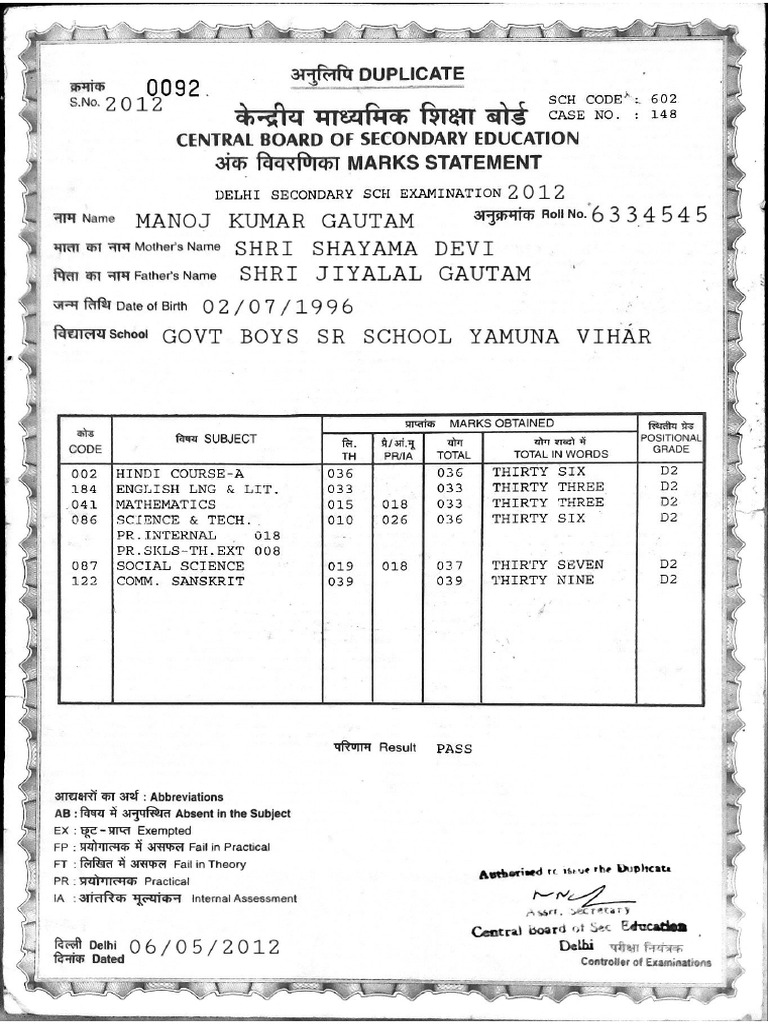 Manoj Kumar Marksheet | PDF
