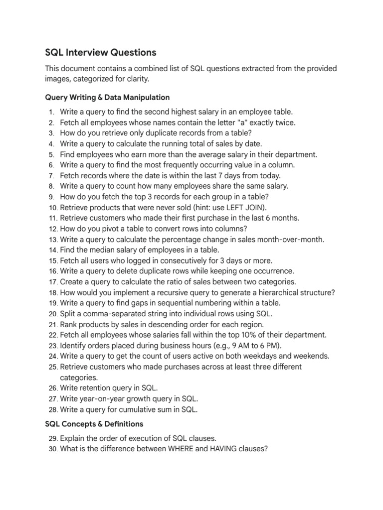 Consolidated SQL Interview Questions | PDF | Sql | Data Model