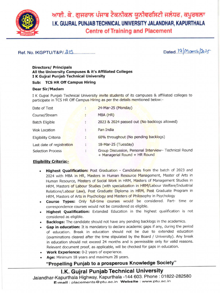 Letter - TCS HR Campus Hiring | PDF
