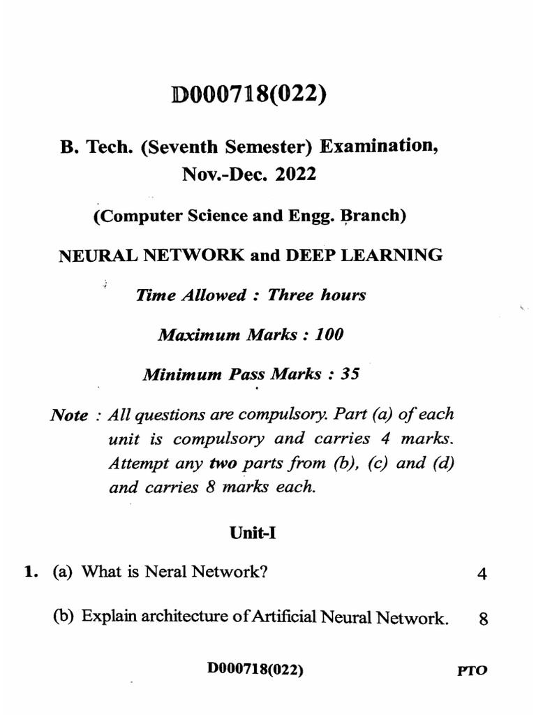Btech Cs 7 Sem Neural Network and Deep Learning d000718 Dec 2022 (1) | PDF