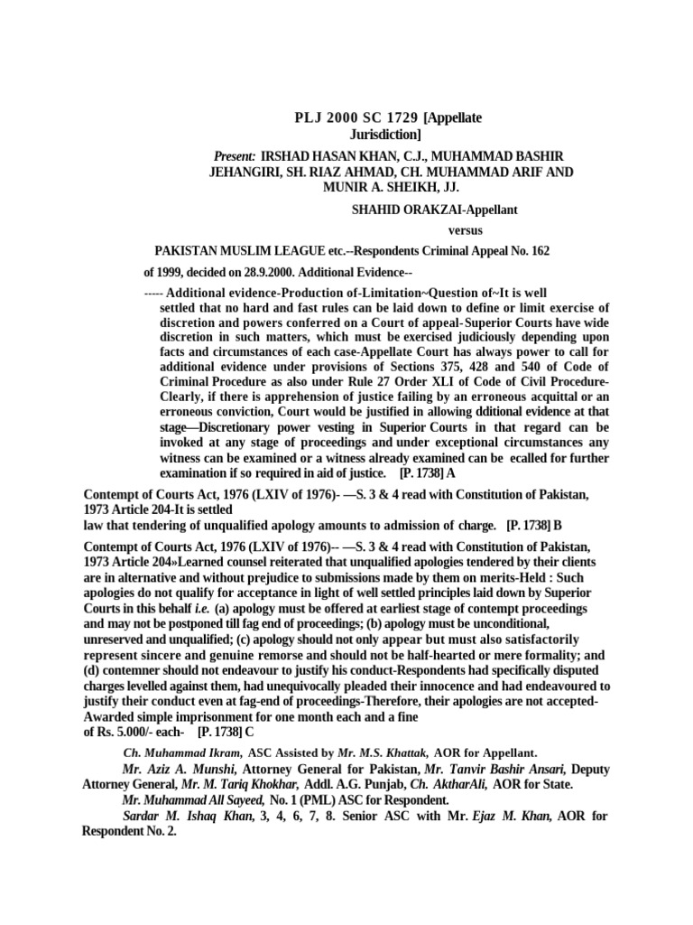 Shahid Orakzai Vs PMLN PLJ 2000 SC 1729 | PDF | Burden Of Proof (Law) | Criminal Procedure In ...