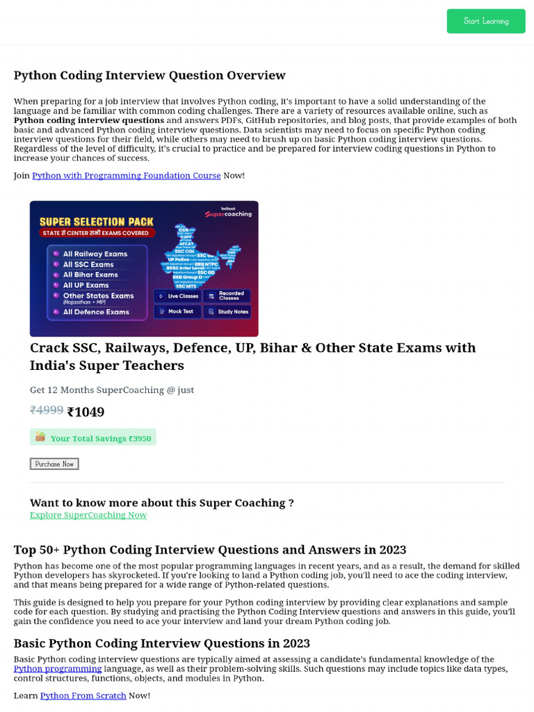 50+ Python Coding Interview Questions and Answers 2023 PDF | PDF