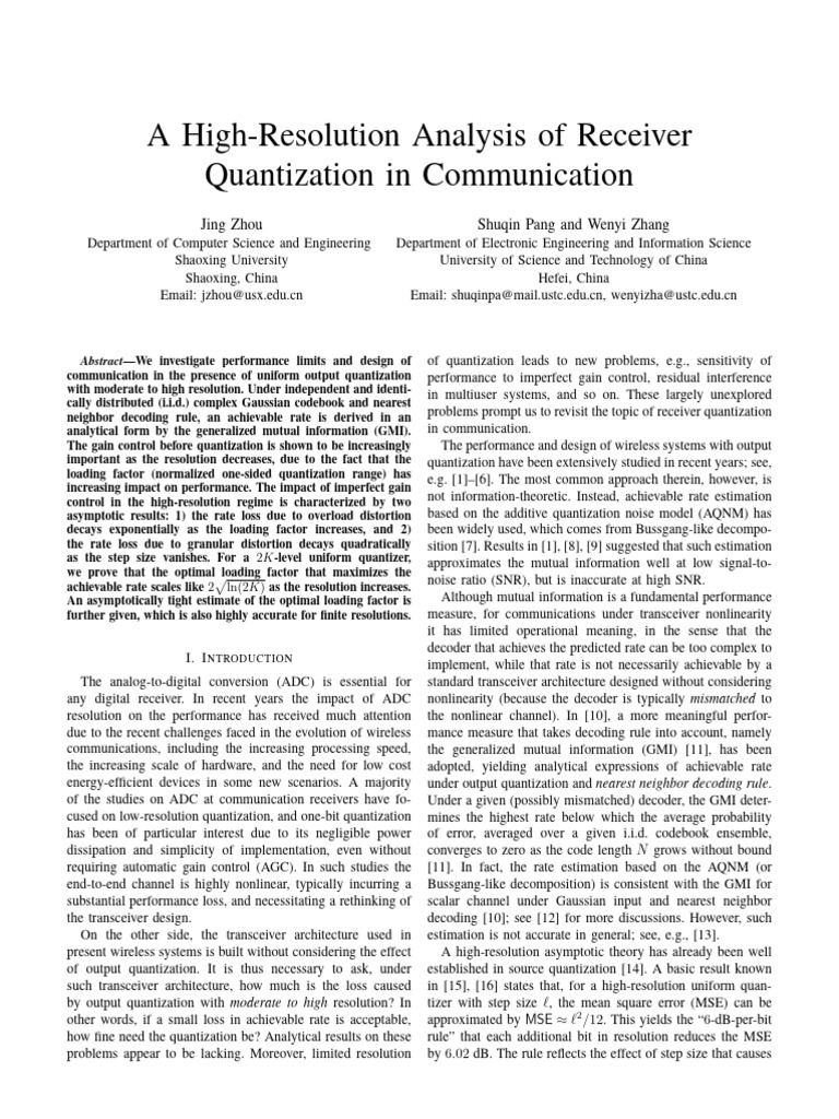 A High Resolution Analysis Of Receiver Quantization In Communication Pdf Analog To Digital