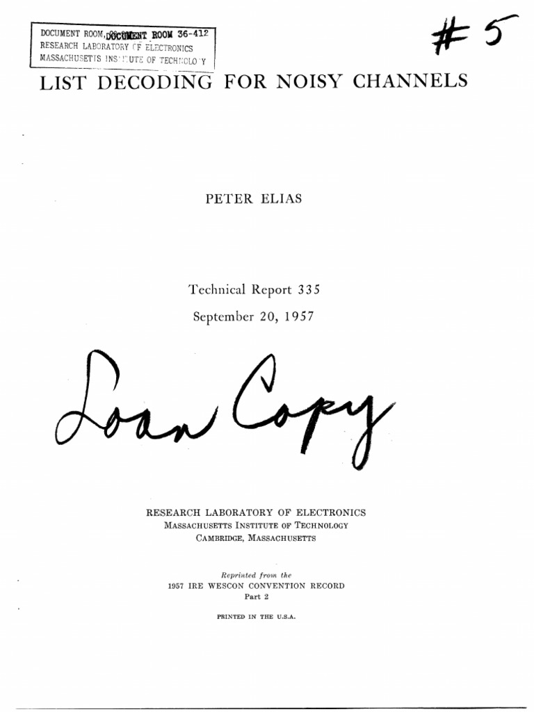 1957 - Elias - List Decoding For Noisy Channels | PDF | Statistical Theory | Applied Mathematics