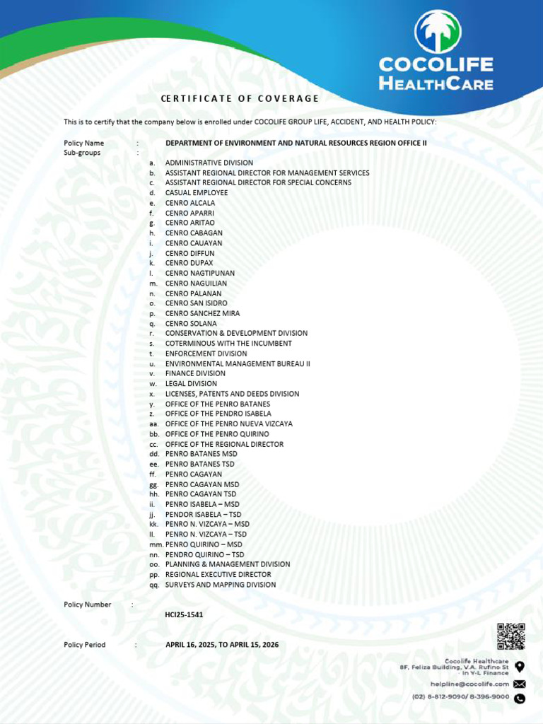 Certificate of Coverage Department of Environment and Natural Resources ...