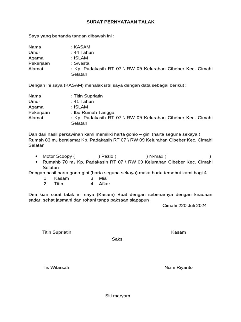 Surat Pernyataan Talak | PDF