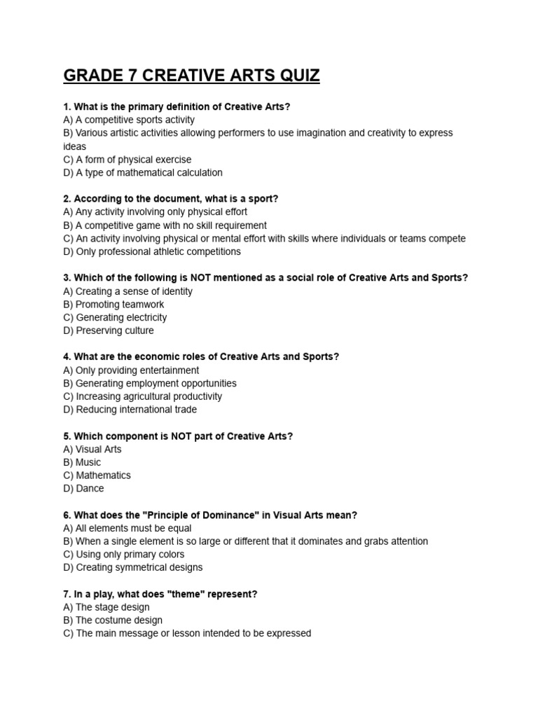 Grade 7 Creative Arts Quiz | PDF | The Arts | Sports