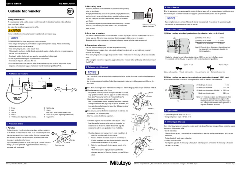 99MAA001A - Outside Micrometer | PDF | Mechanical Engineering