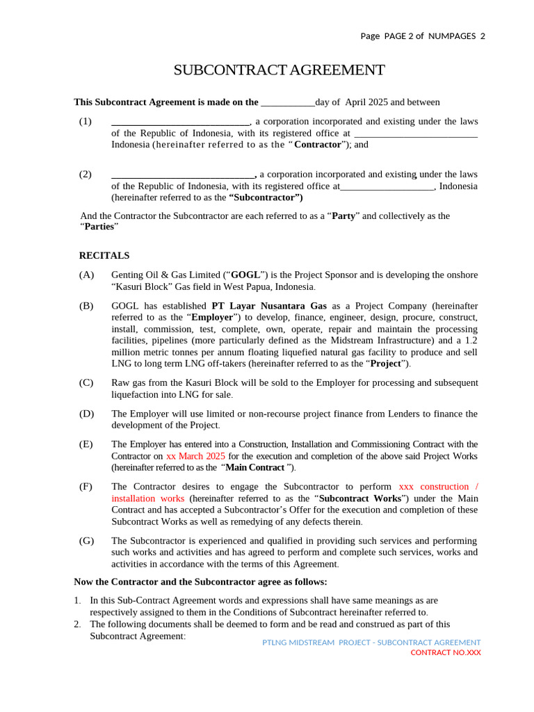 Midstream Project - Subcontract Agreement | PDF | Subcontractor | Liquefied Natural Gas