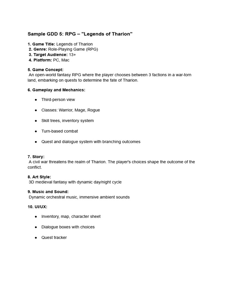 Sample GDD 5 - RPG - Legends of Tharion | PDF