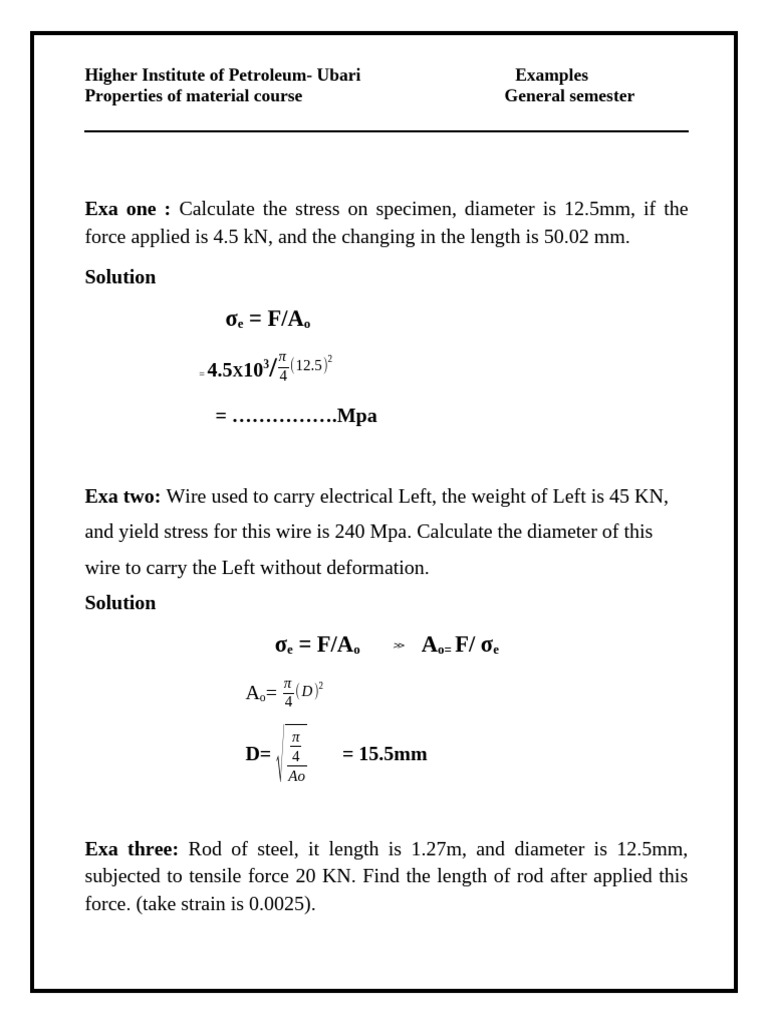 Stress and Strain Calculations Examples | PDF