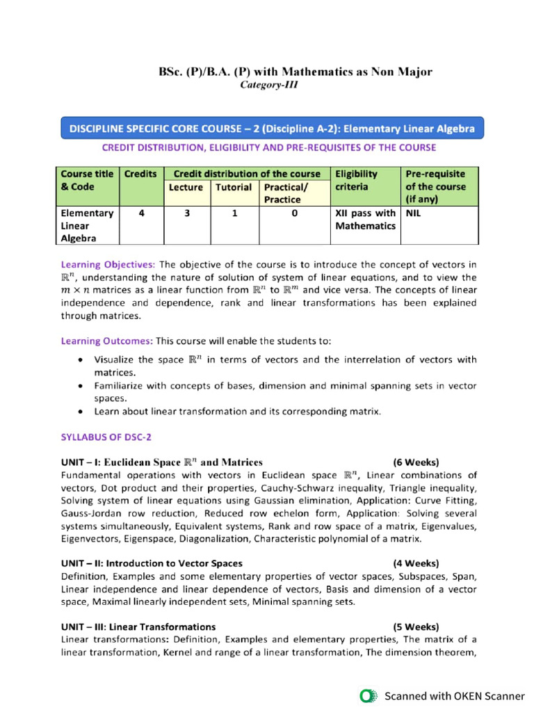 Linear Algebra Maths Syllabus Delhi University 2025 | PDF