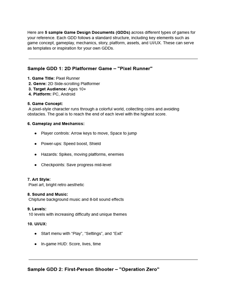 Here are 5 sample Game Design Documents (GDDs) across different types ...