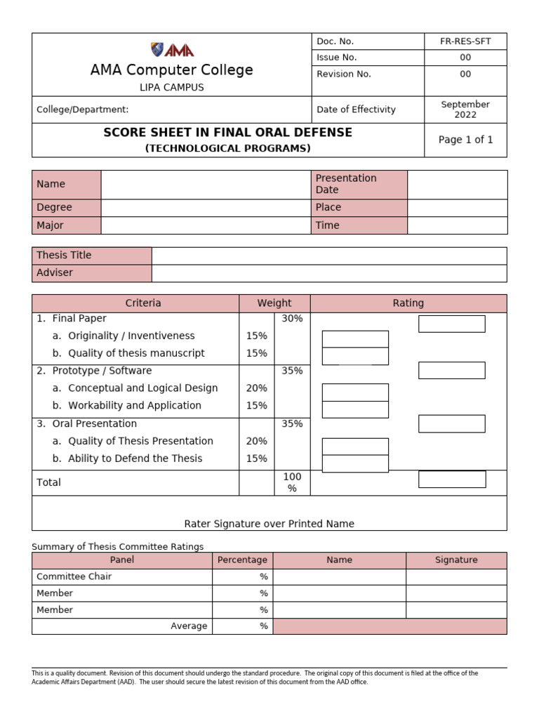 FR-RES-SFT Score Sheet in Final Oral Defense-Technological Programs | PDF | Thesis | Computing