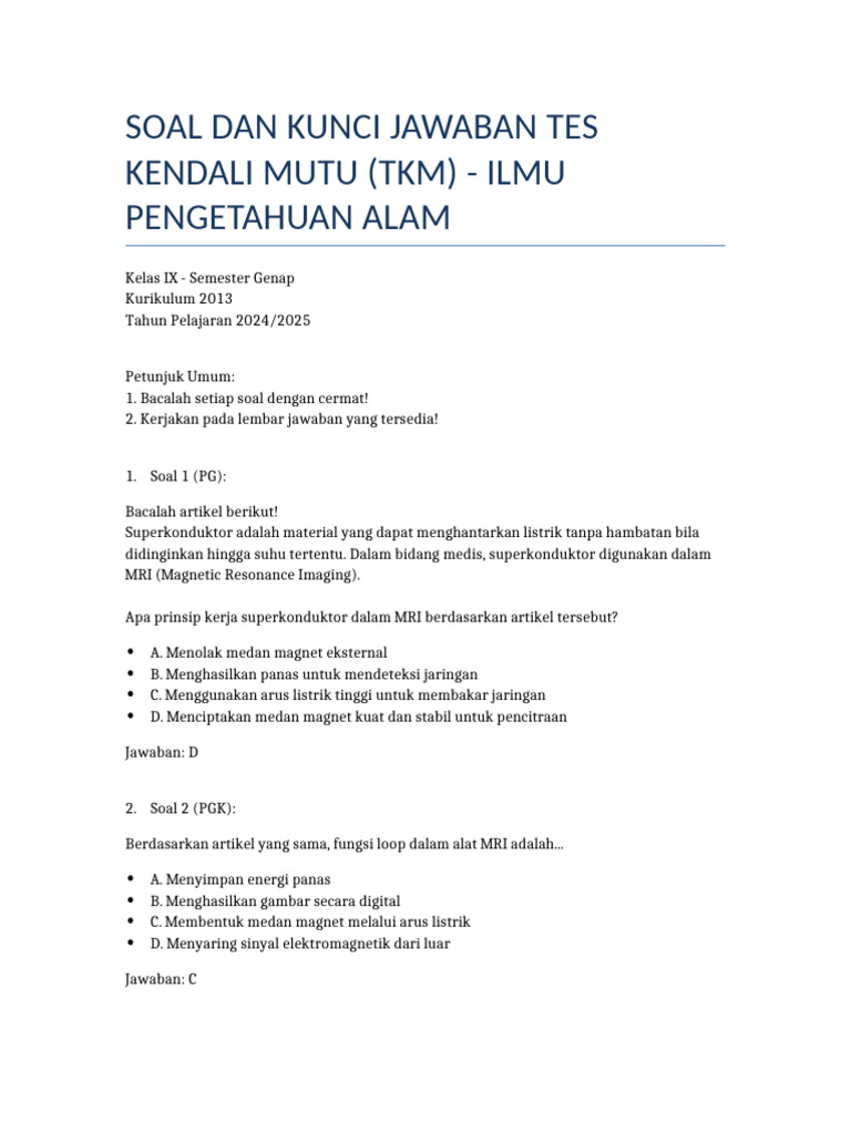 Soal TKM Ipa Kelas 9 Genap 2025 Final | PDF