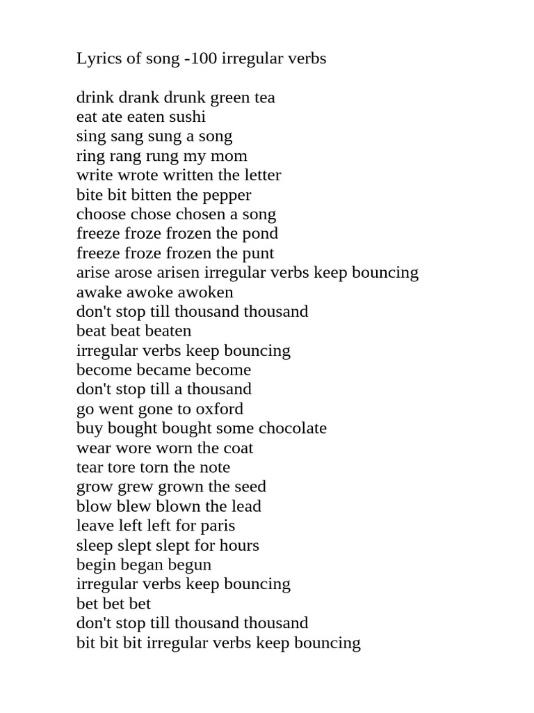 Irregular Verbs Song Lyrics | PDF