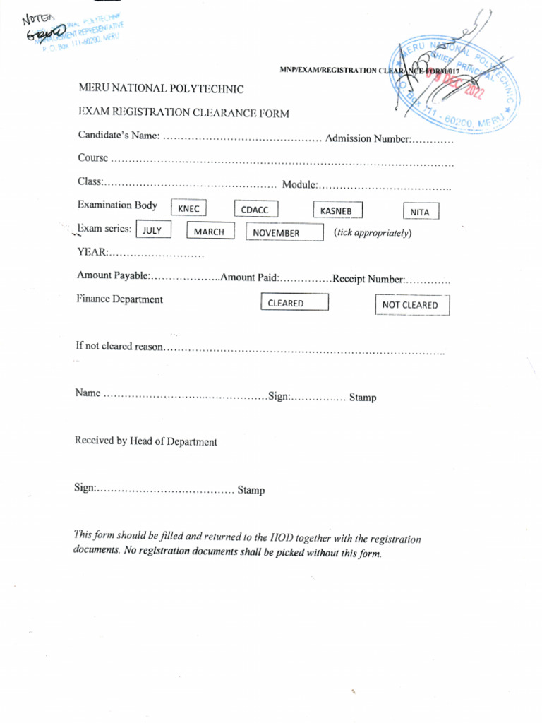 Exam Reg Clearance Form 2023 | PDF