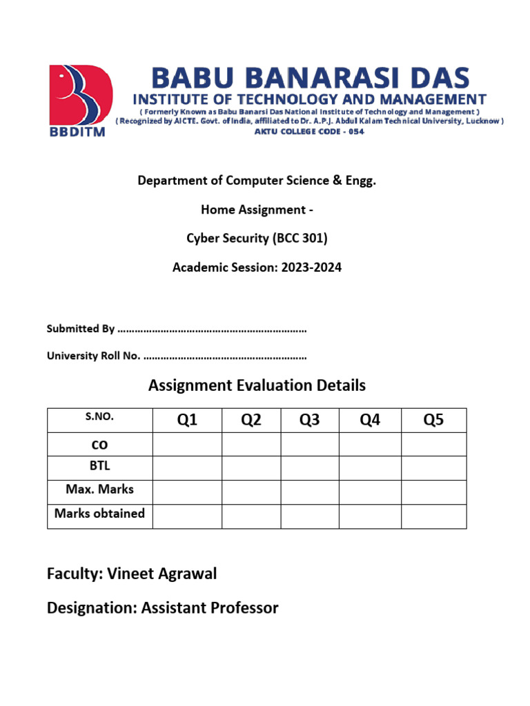 CyberSecurity Assignment Front Page | PDF