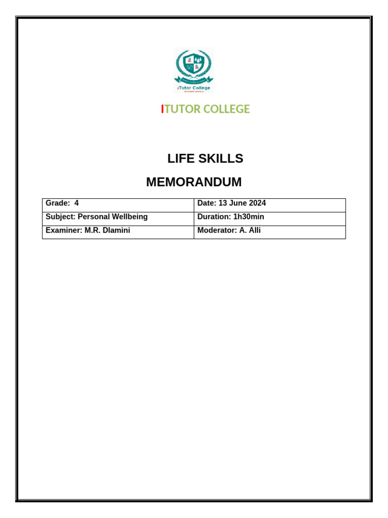 Grade 4 Life Skills Memorandum | PDF