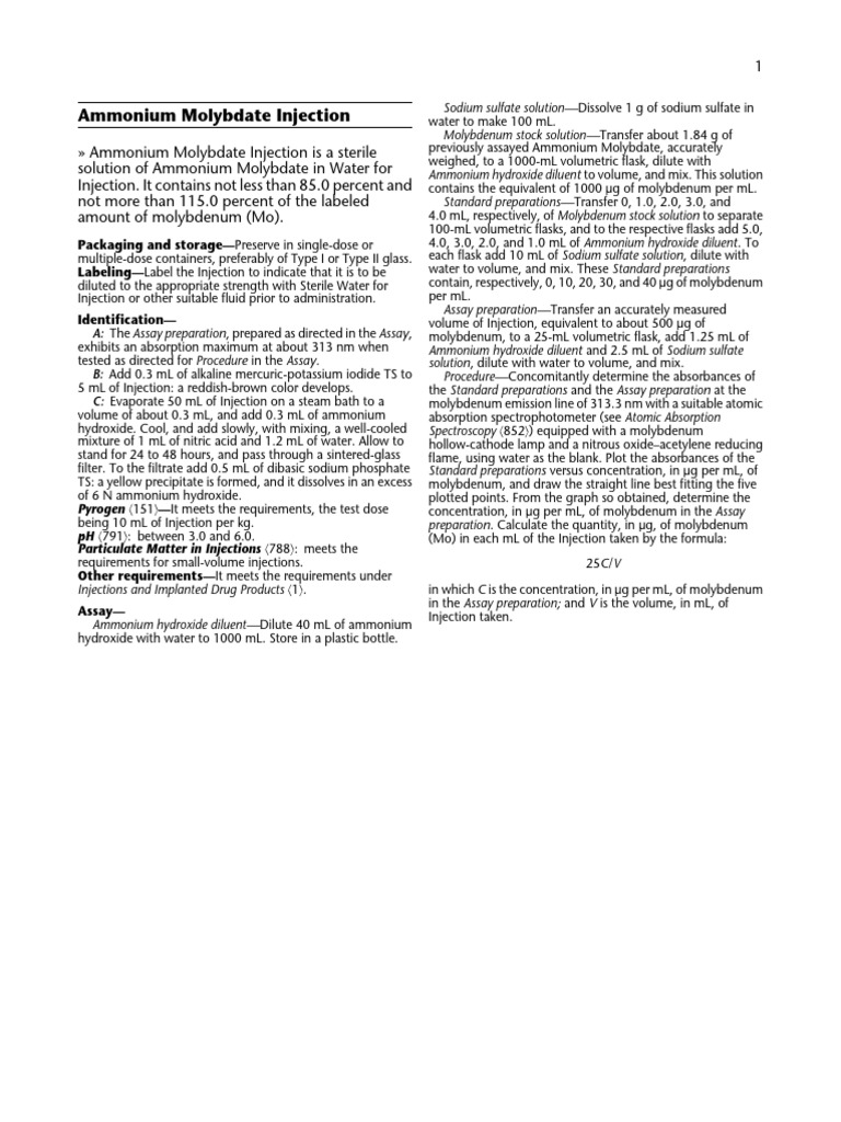 Ammonium Molybdate Injection | PDF | Molybdenum | Sodium