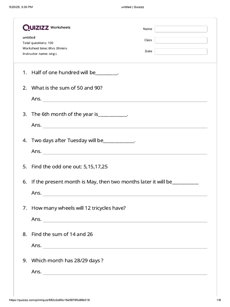 Mental Maths Grade 1 Worksheet | PDF