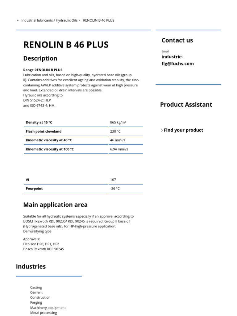 RENOLIN B 46 PLUS - Industrial Lubricants - FUCHS | PDF | Lubricant ...