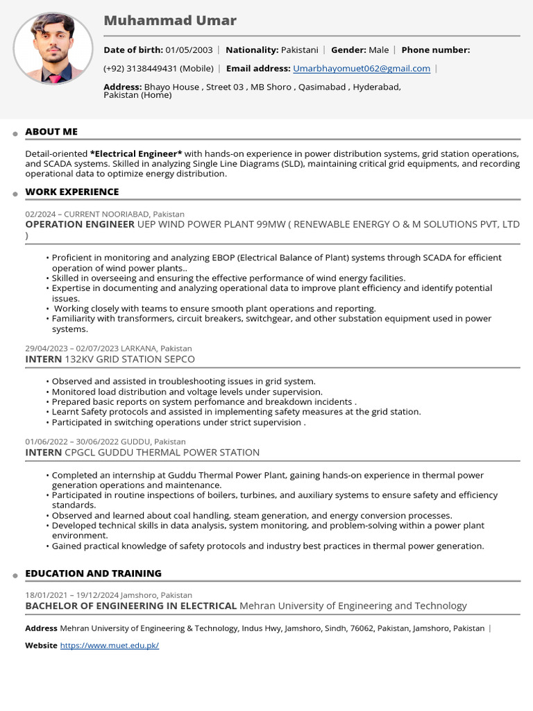 Muhammad Umar: Electrical Engineer Profile | PDF | Electrical Grid ...