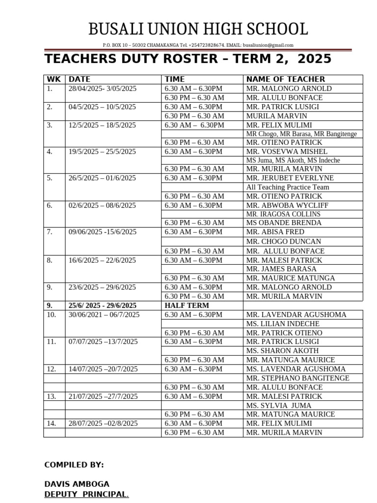 Duty Rota Term Two 2025 Latest-1 | PDF