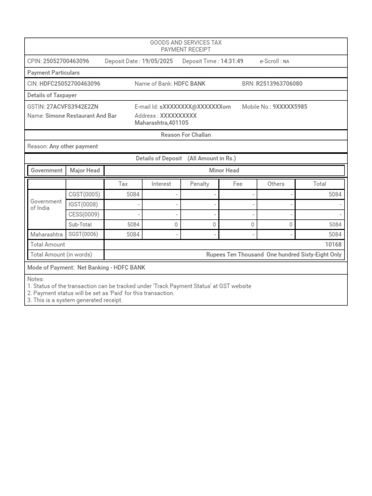 GST Payment Receipt for Simone Restaurant | PDF